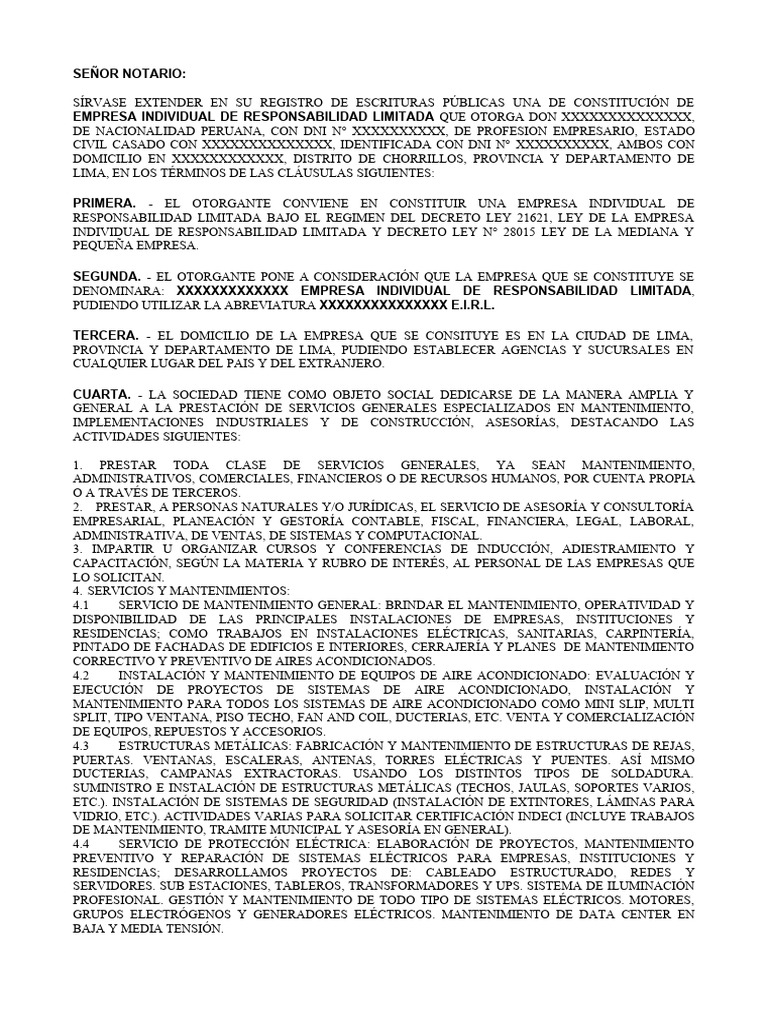 Modelo Minuta de Constitucion Eirl | PDF | Business | Ley procesal