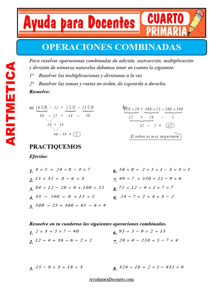 Fichas de Operaciones Combinadas para Cuarto de Primaria | PDF