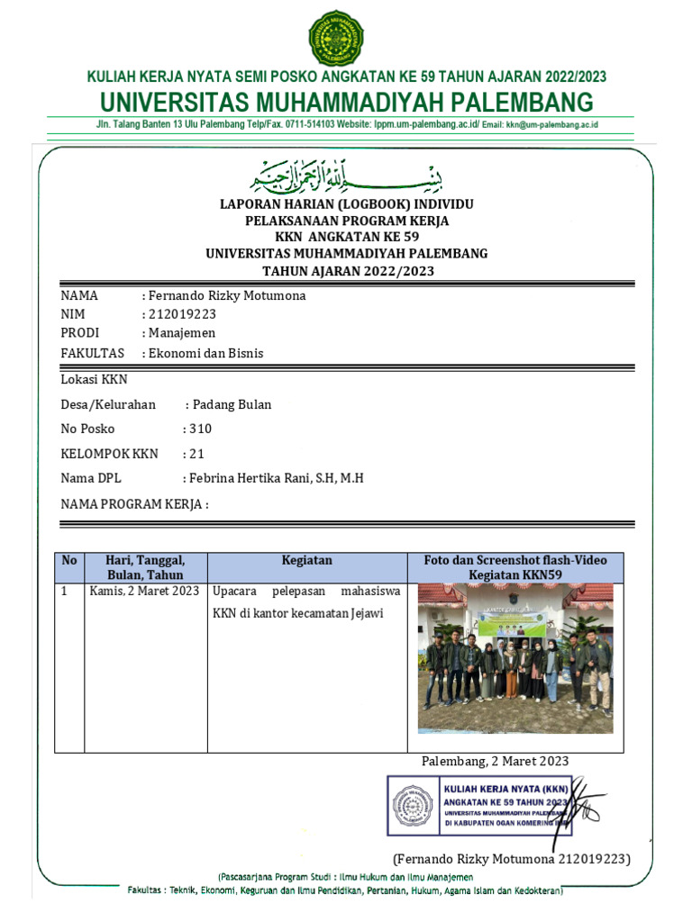 Logbook Fernando Rizky Motumona 212019223 (Tanggal 21 Februari-2 Maret ...
