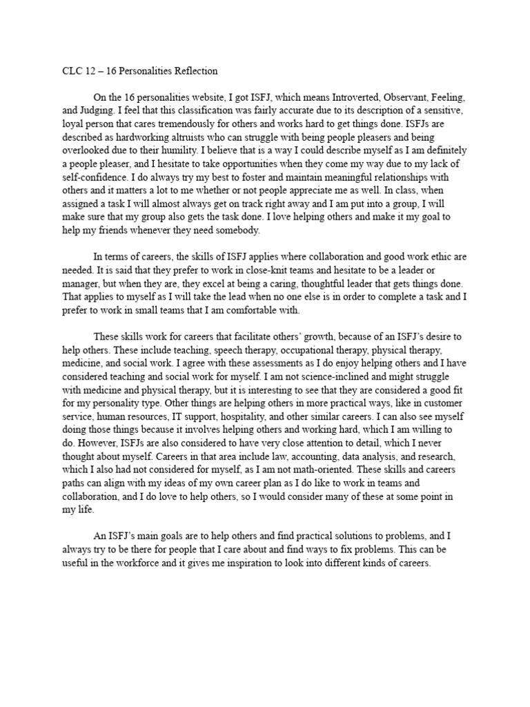 16 Personalities Reflection | PDF | Psychological Concepts | Psychology