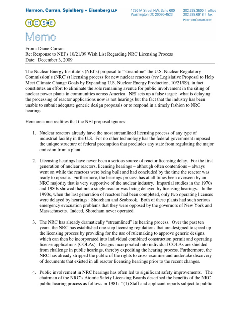 Diane Curran Memo on Mandatory Hearings at NRC | PDF