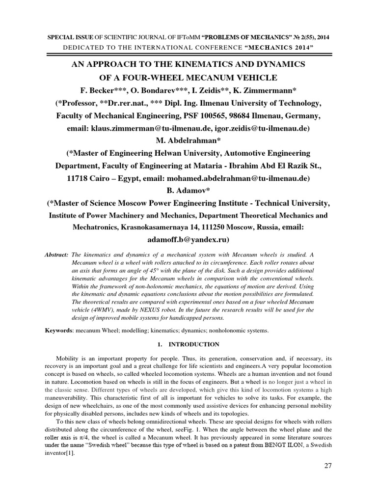 An Approach To The Kinematics and Dynamics of A Four Wheel Mecanum Vehicle | PDF | Rotation ...