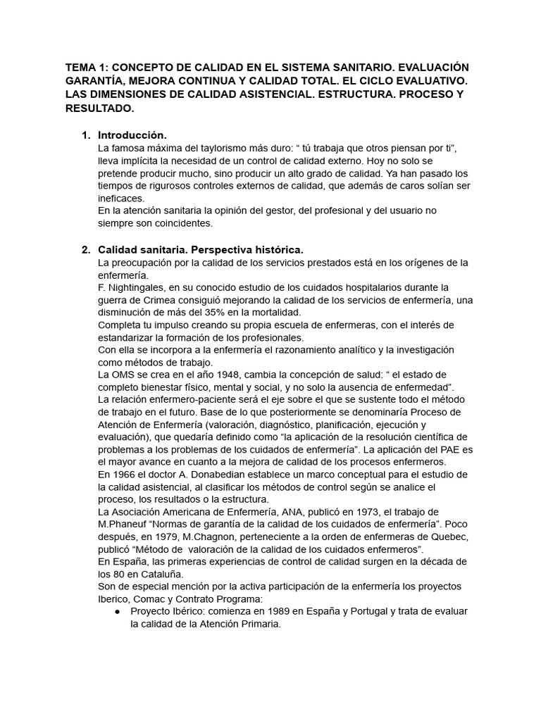 Tema 1 - Concepto de Calidad en El Sistema Sanitario | PDF