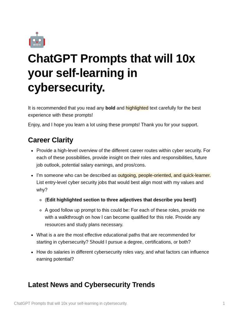 Cybersecurity Career Learning Prompts | PDF