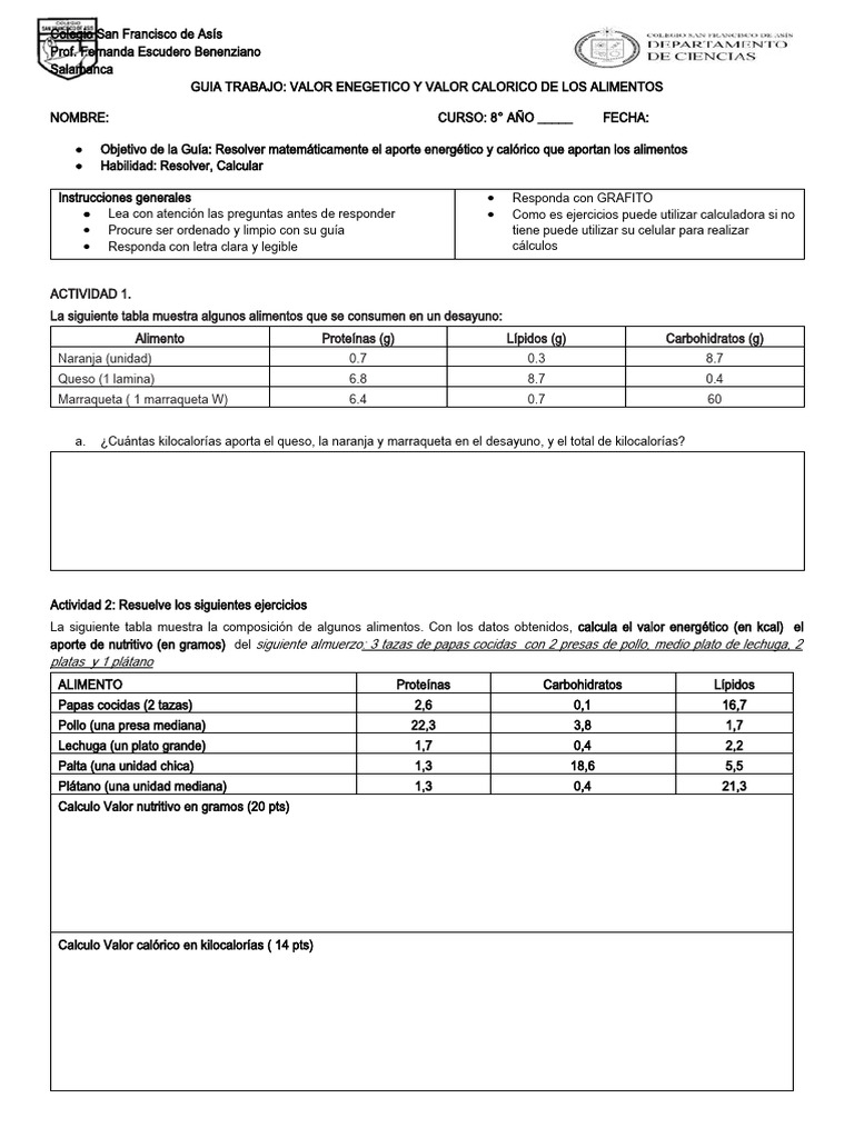 Guia Calculo Valor Energetico y Nutricional 8 Ab | PDF