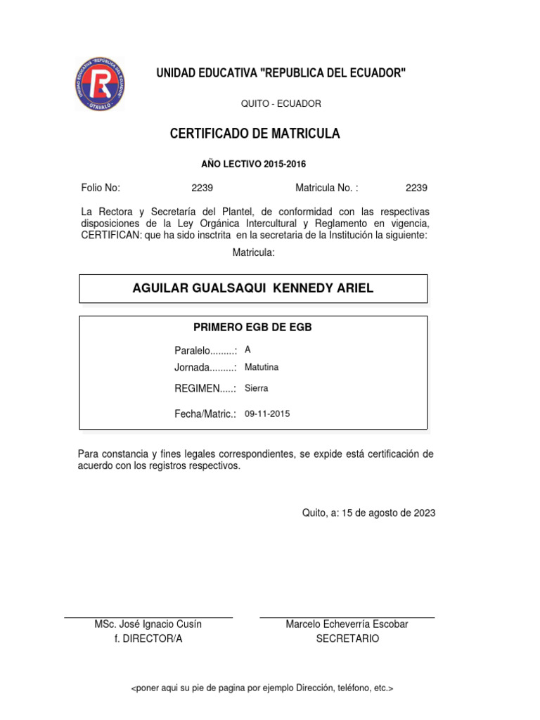 Certificado de Matricula | PDF