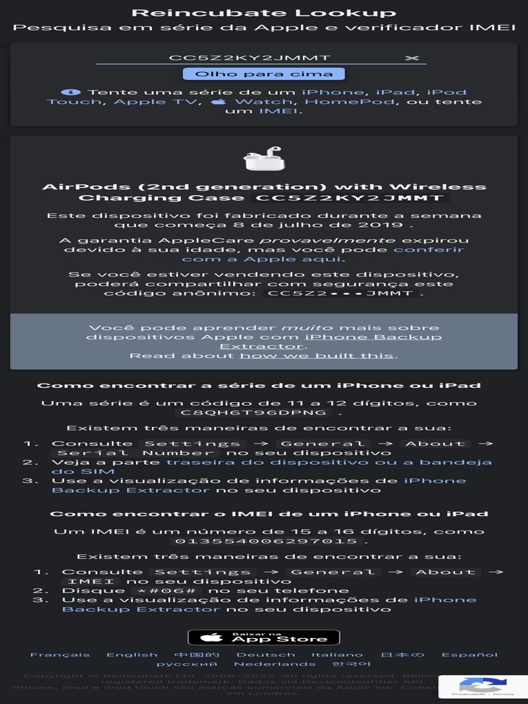 Pesquisa Serial Da Apple e Verificador IMEI - Reincubate Lookup | PDF ...