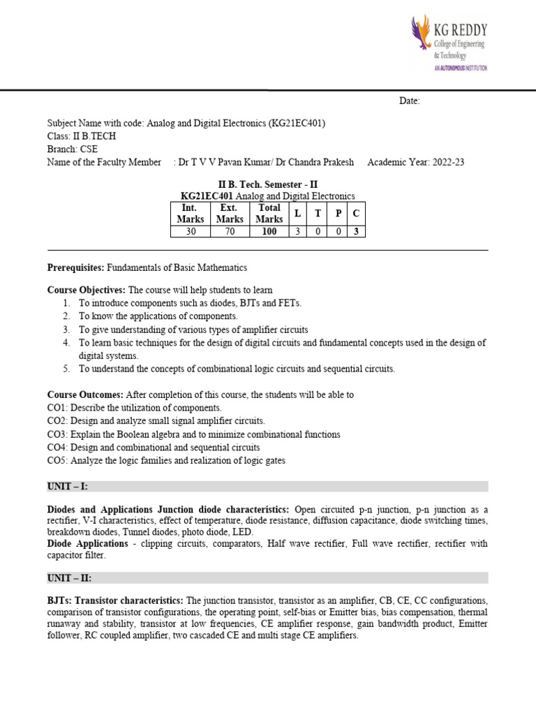 Ade Ii-Ii Cse Syllabus | PDF