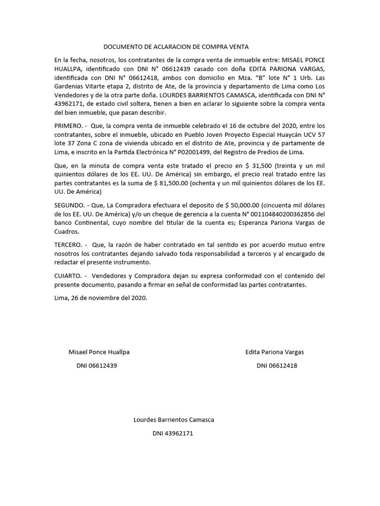 Documento de Aclaracion de Compra Venta | PDF