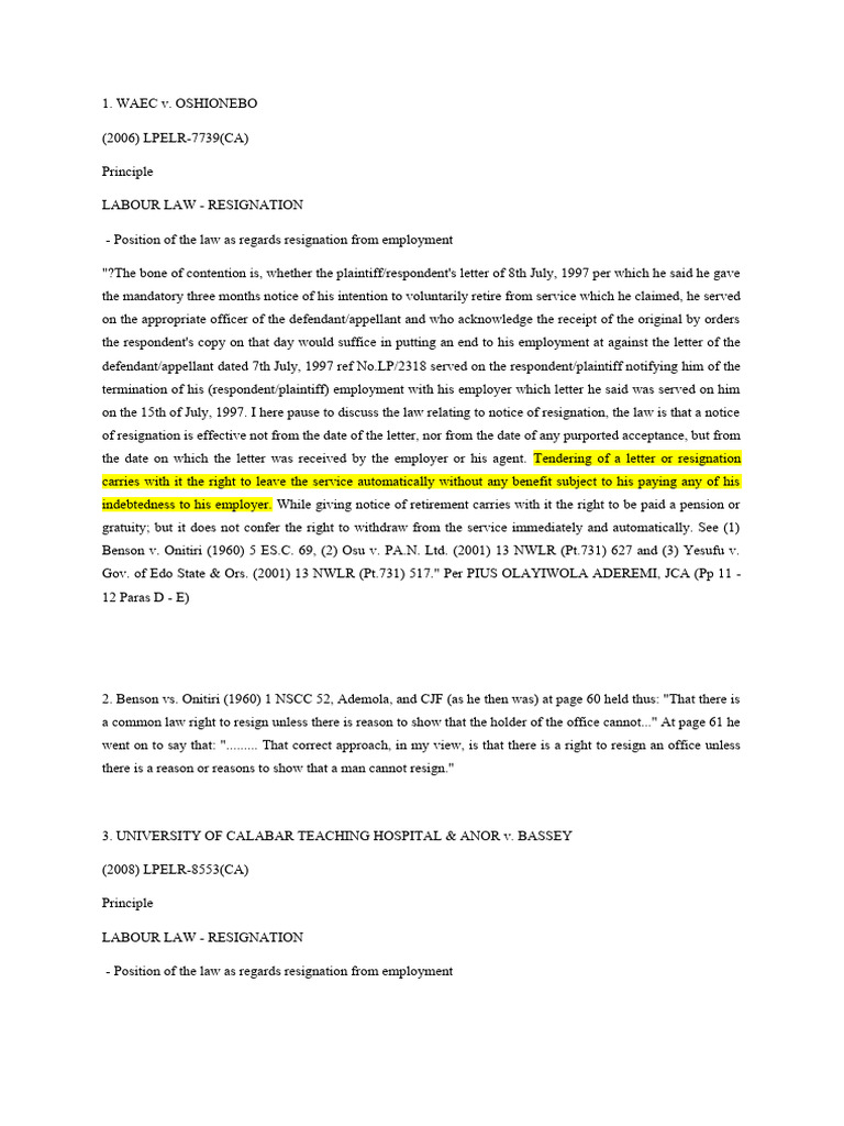 Labour Law Principles on Resignation | PDF
