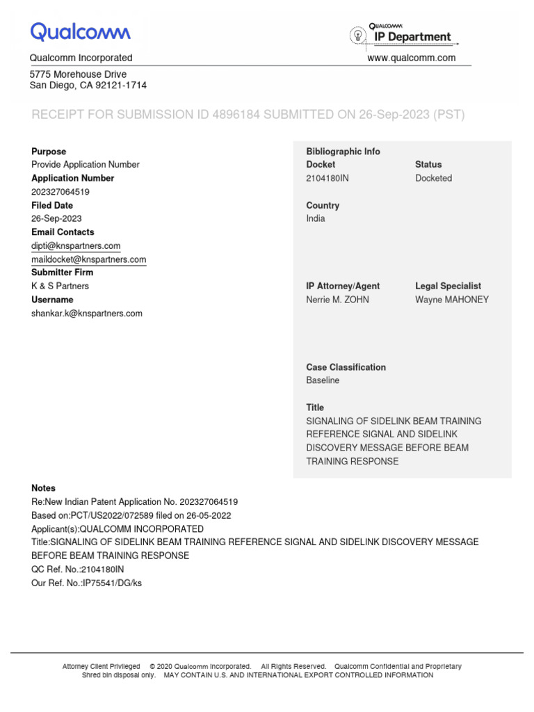 Submission Receipt 4896184 | PDF | Patent | Civil Law (Common Law)