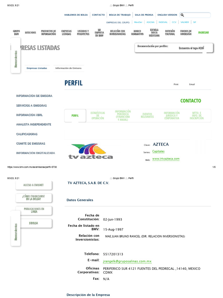 Grupo Bmv .__. Perfil Tv Azteca | PDF | Mercados financieros | Ciudad ...