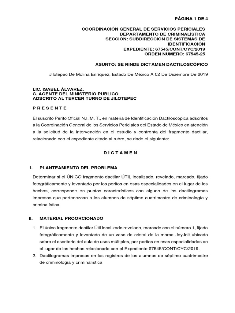 Ejemplo Dictamen Dactiloscopía | PDF | Huella dactilar | Ciencia forense