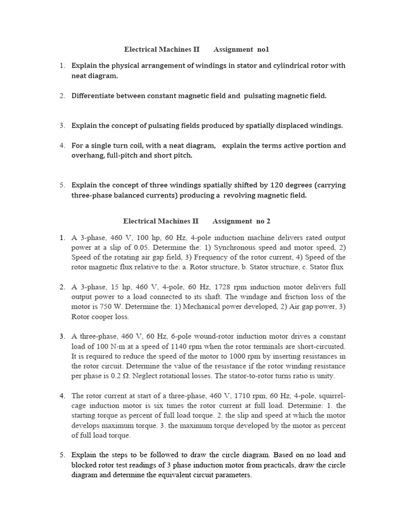 Electrical Machines II Assignment 1 and 2 | PDF