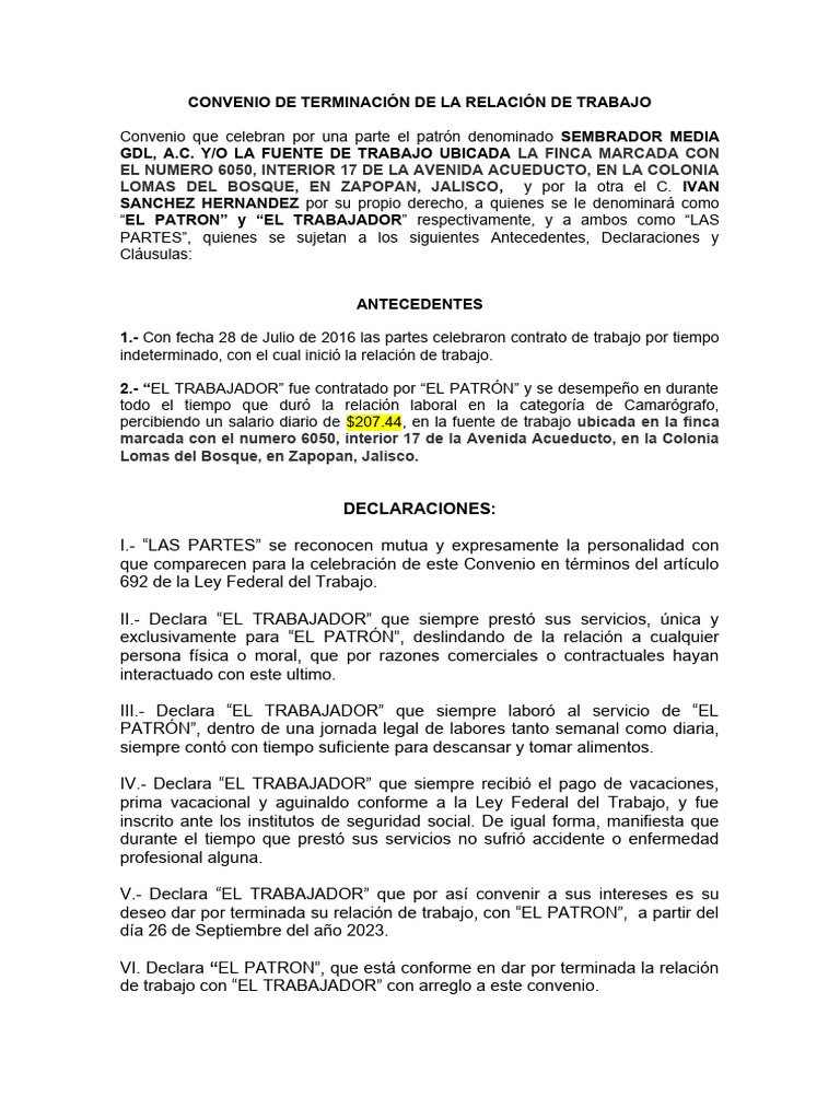 Convenio de Terminacion Laboral | PDF