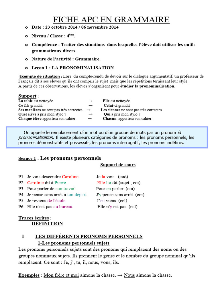 Les pronoms personnels en grammaire | PDF