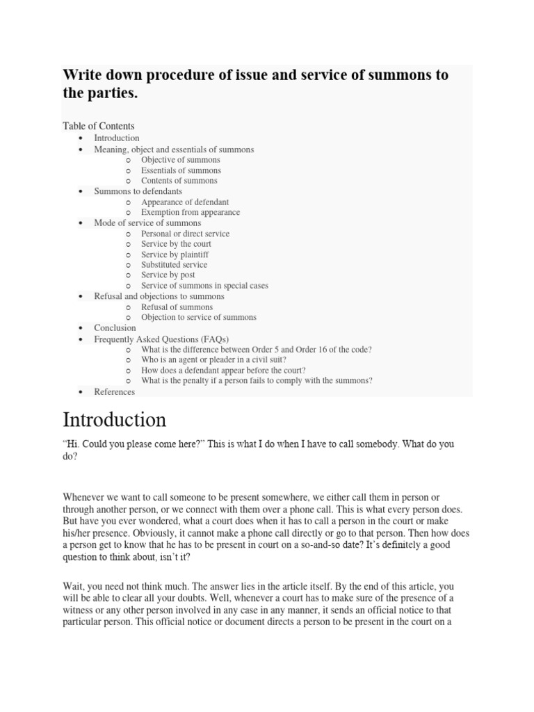 Write down procedure of issue and service of summons to the parties ...