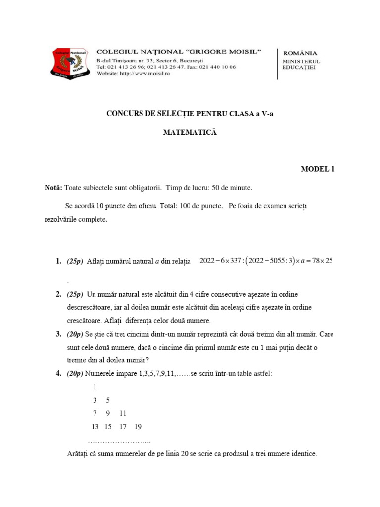 Modele Subiecte Si Bareme Matematica 2023 | PDF