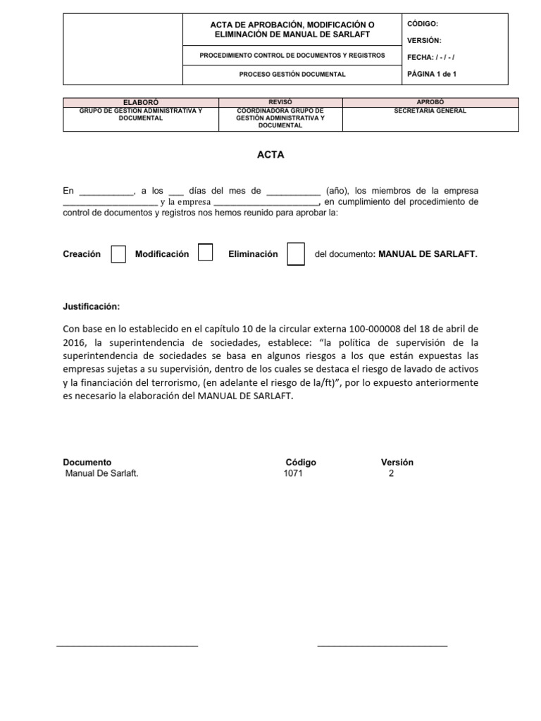 009 Anexo 3.acta de Aprobacion Manual Sarlaft | PDF | Business