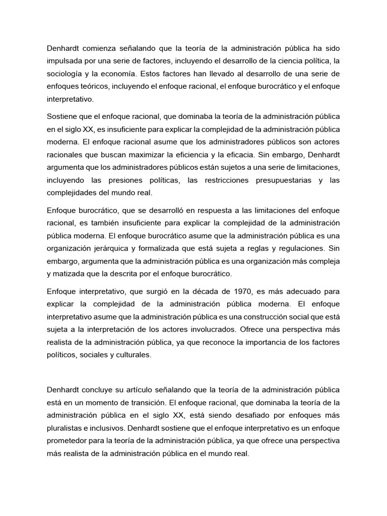 Denhardt Comienza Señalando Que La Teoría de La Administración Pública ...