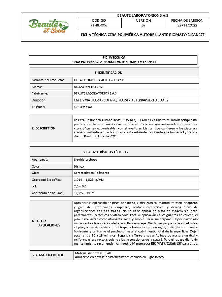 FT-BL-006 Ficha Tecnica Cera Polimérica Autobrillante Biomaty-Cleanest | PDF