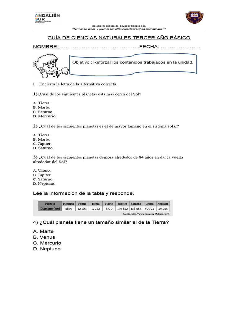Guía de Ciencias Naturales 3° Básico | PDF | Planetas | Planeta mercurio)