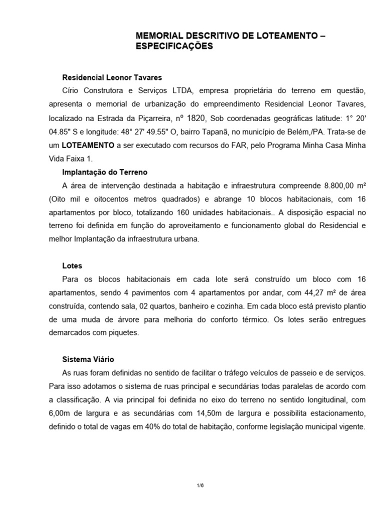 Memorial Descritivo Urbanização Leonor Tavares Atualizado | Download ...