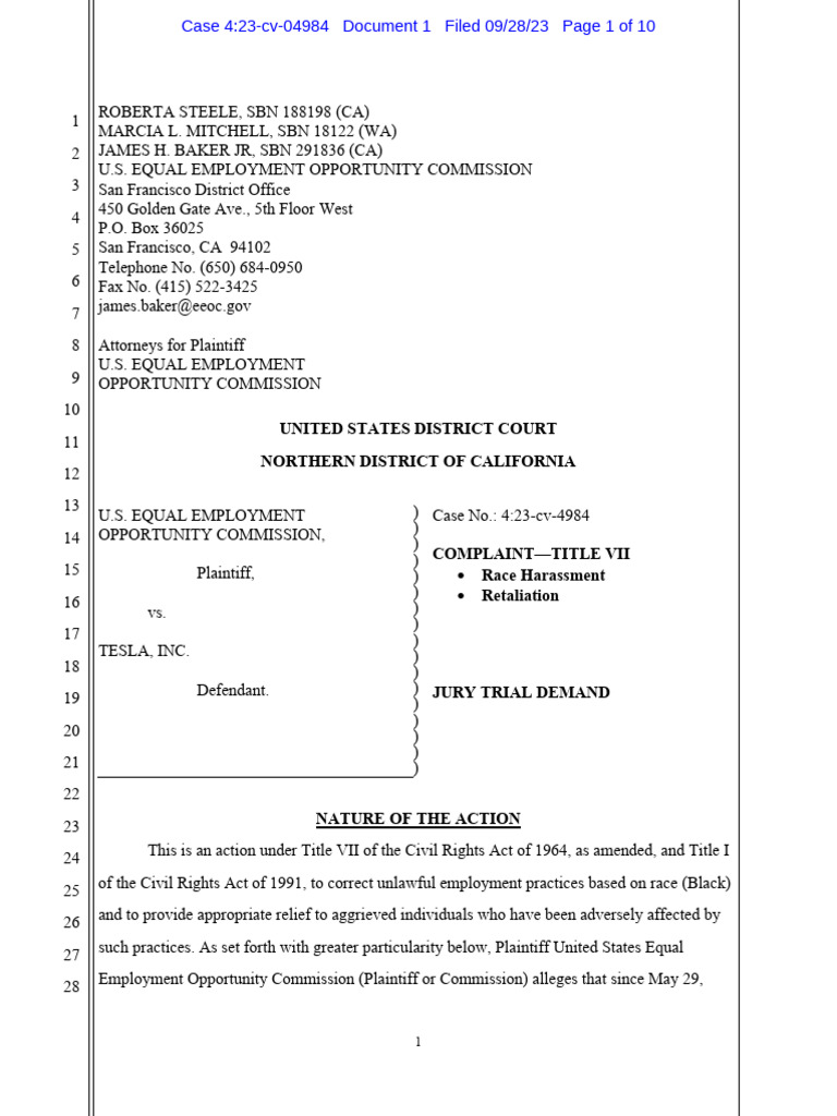 EEOC Lawsuit Against Tesla | PDF