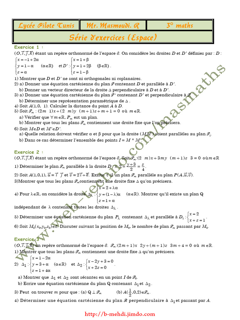 Serie D'exercices (Lycée Pilote) - Math - Espace - 3ème Math | PDF