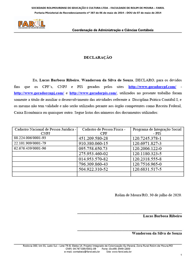 Declaração - CPF e CNPJ | PDF