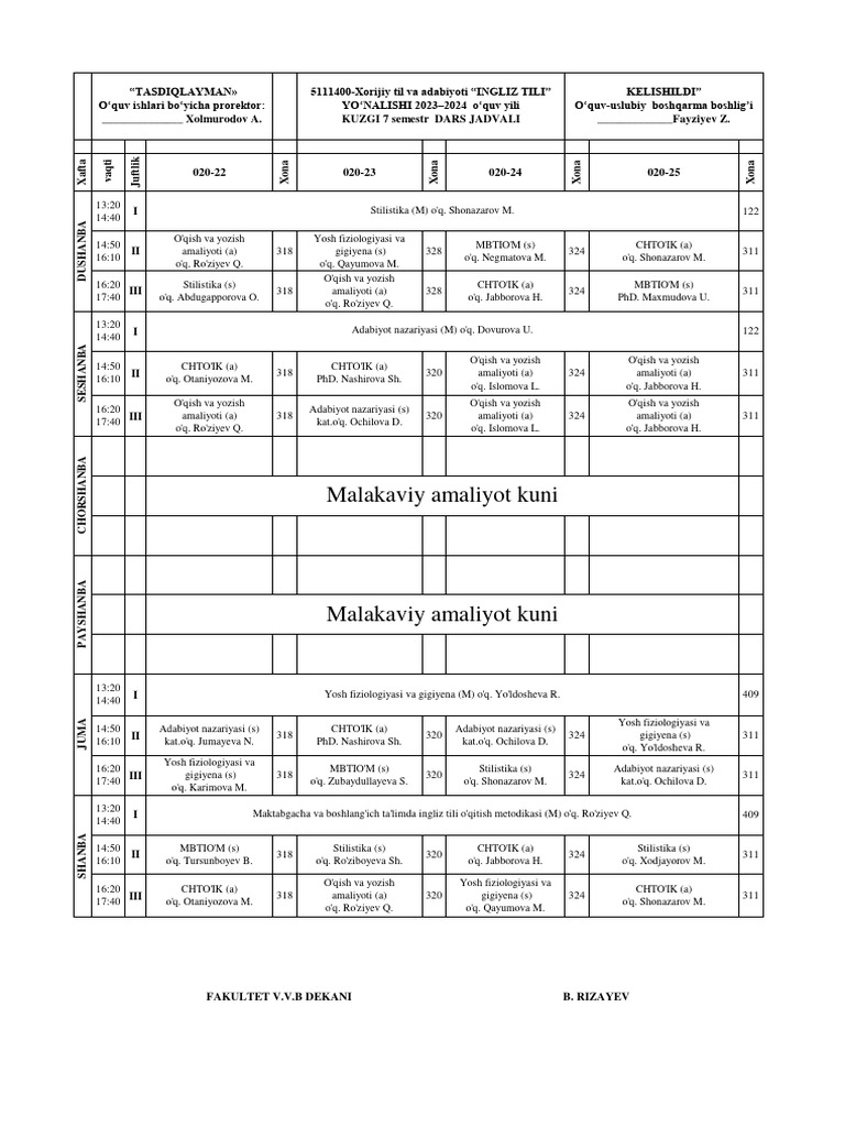 Dars Jadvali 4-Kurs 2023-2024 19.09.2023 | PDF