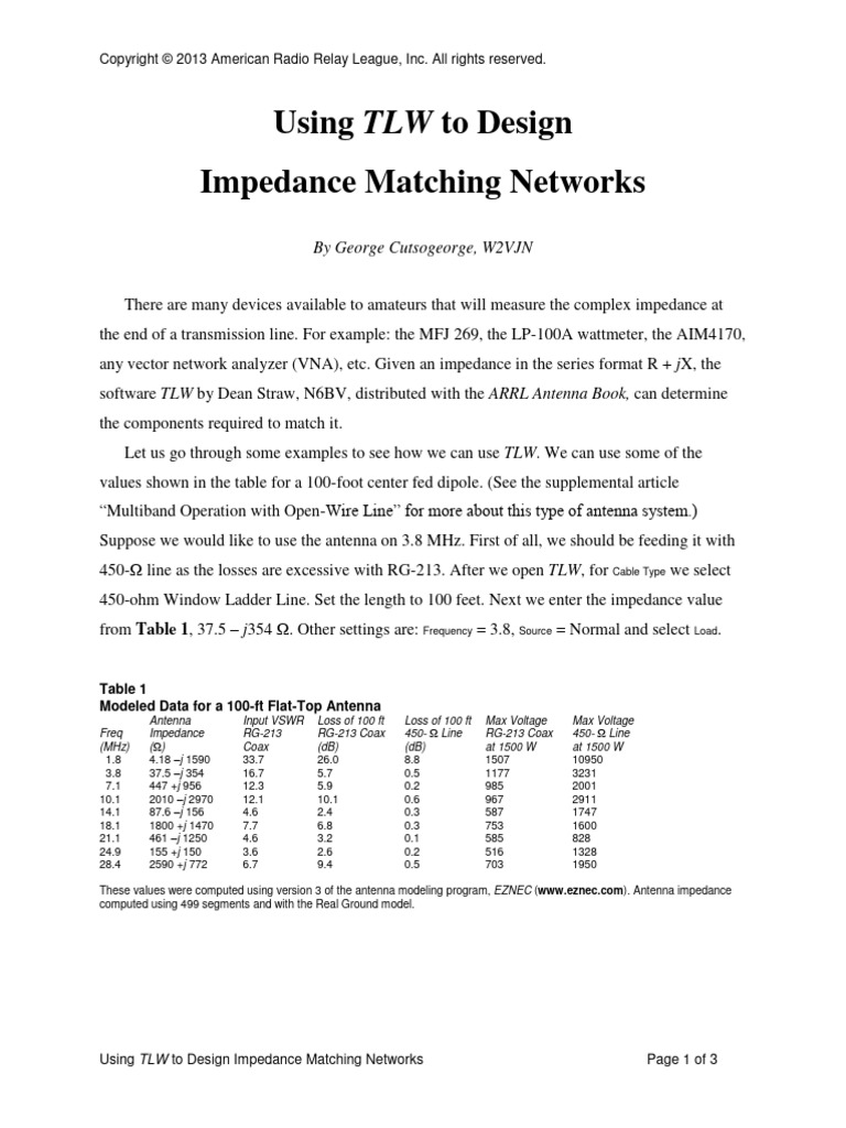 Using TLW To Design Impedance Matching Networks - W2VJN | PDF