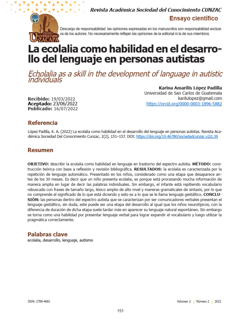 La Ecolalia Como Habilidad en El Desarrollo Del Le | PDF