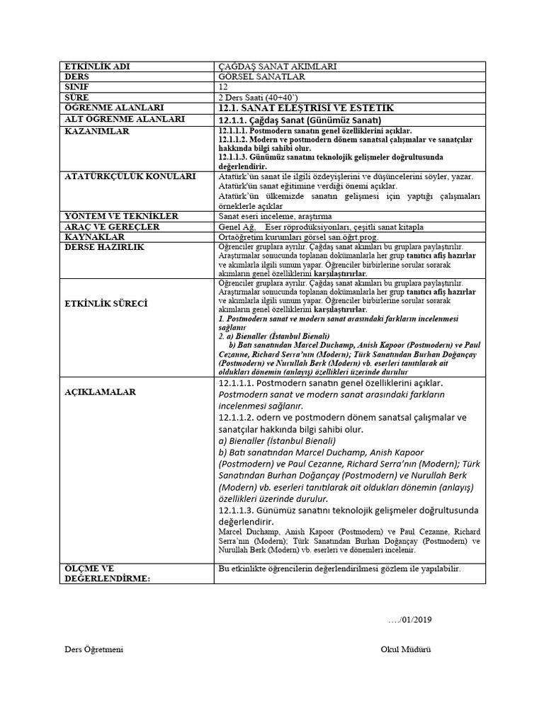 2019 2020 EÄ Itim Ã Ä Retim YÄ Lä 12.SÄ Nä F GÃ Rsel Sanatlar Dersi GÃ ...