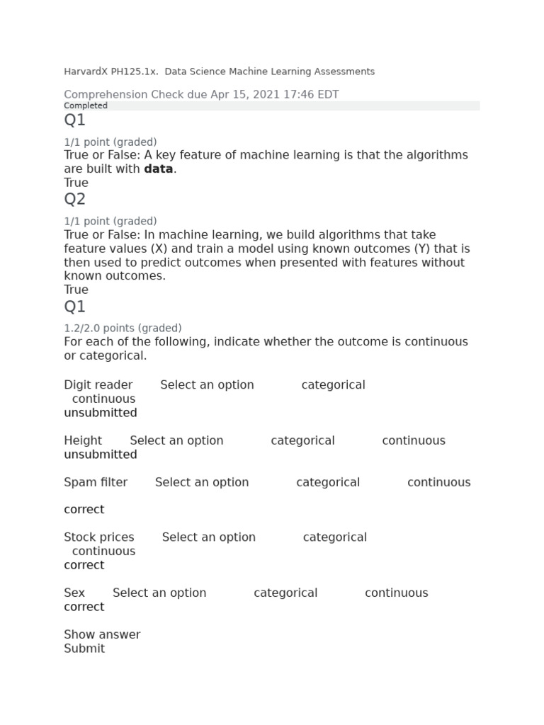 HarvardX PH125X Maching Learning Assessments | PDF