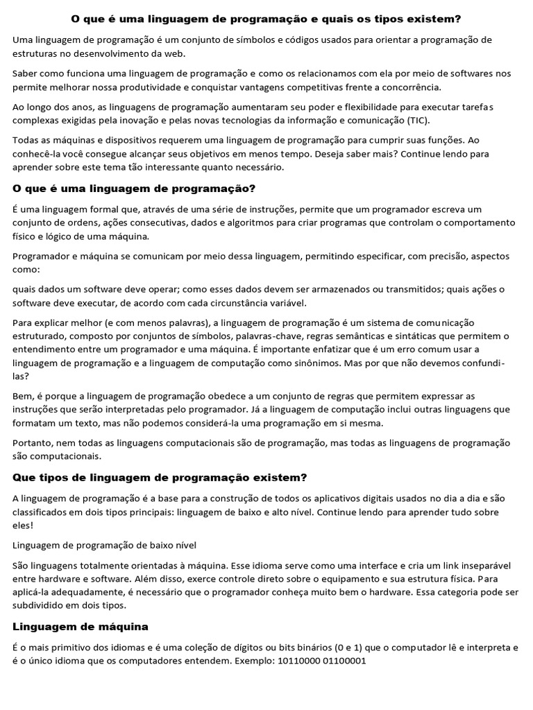 O que é uma linguagem de programação e quais os tipos existem | PDF
