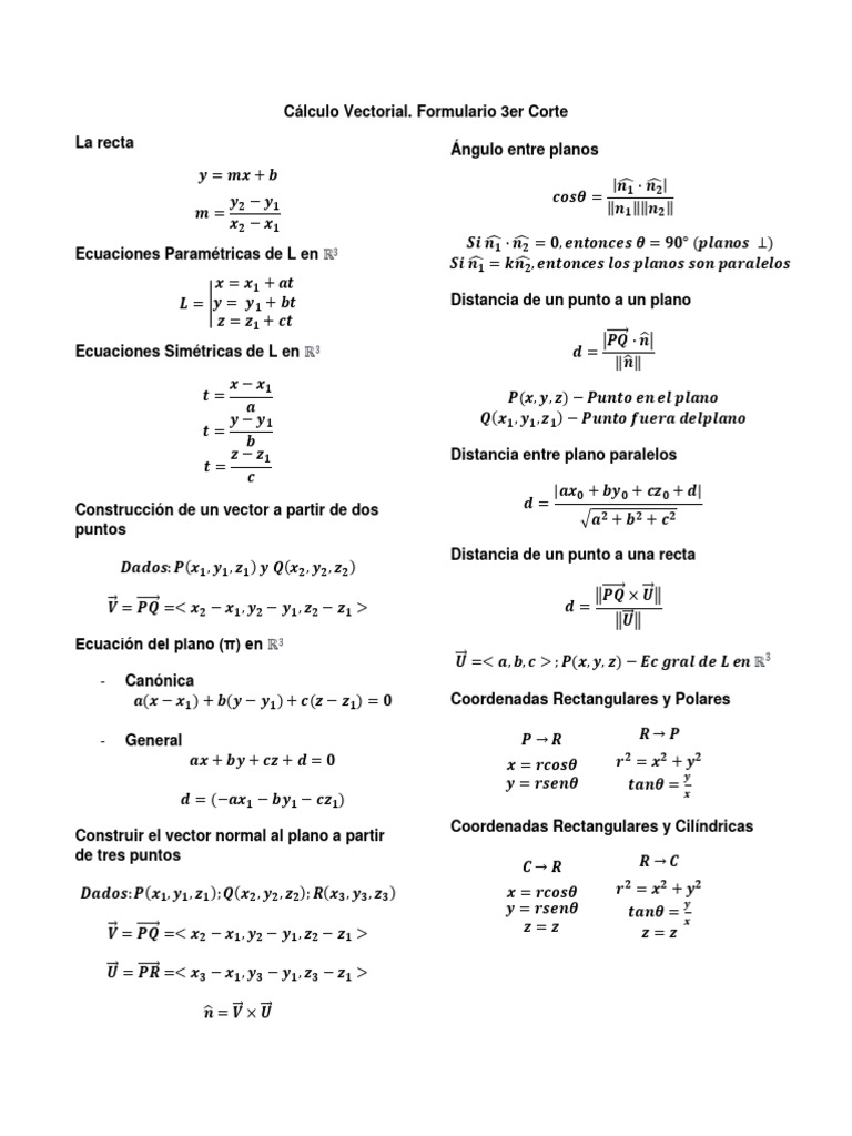 Cálculo Vectorial. Formulario 3er Corte | PDF