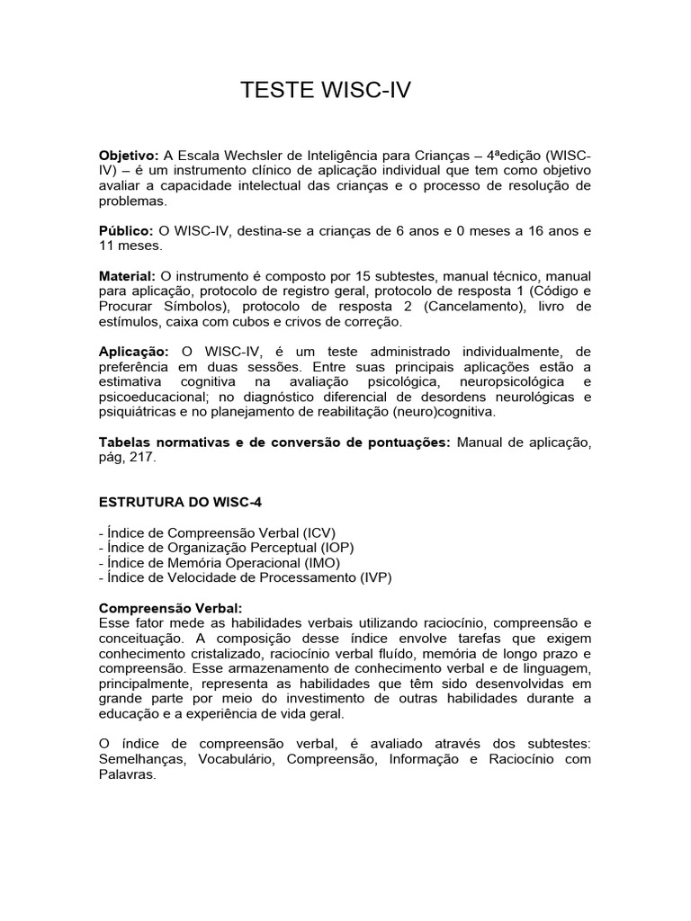 Teste Wisc | PDF | Tempo | Memória