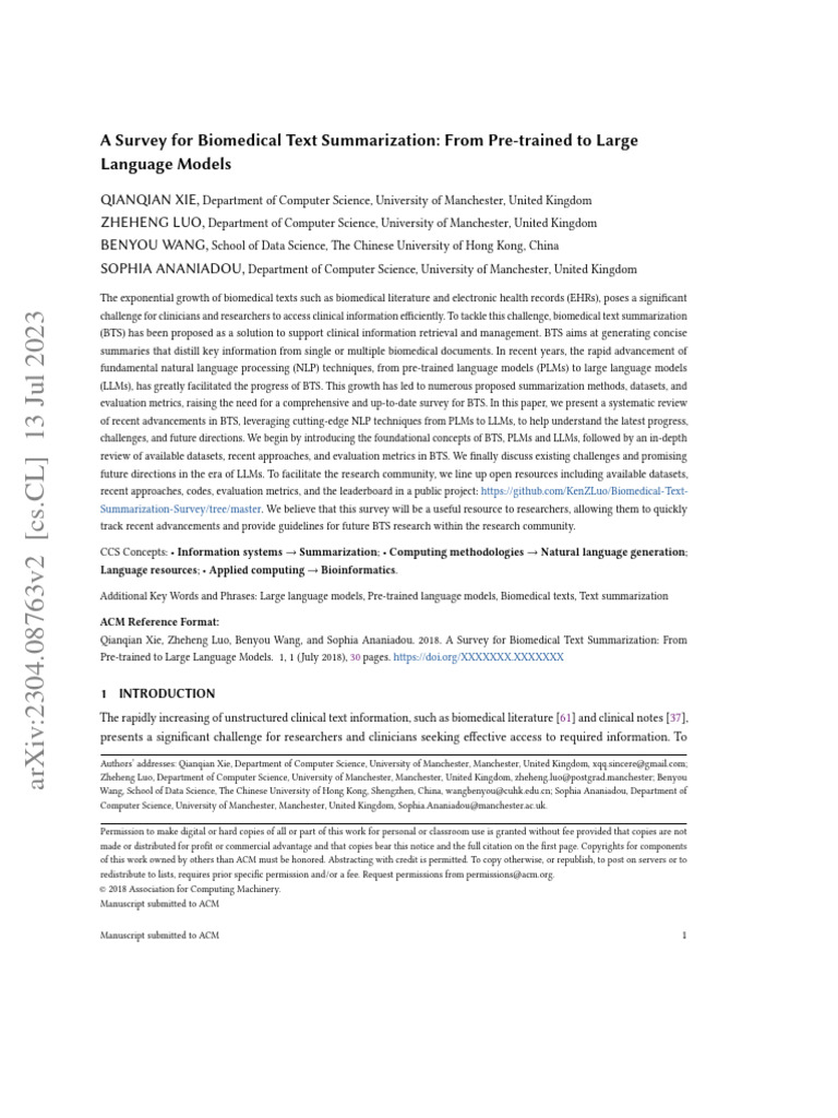 A Survey For Biomedical Text Summarization: From Pre-Trained To Large ...