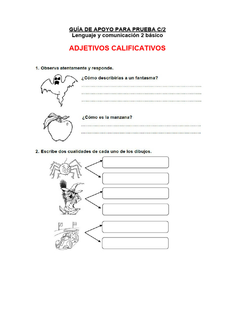 Guía de Adjetivos C/2 Lenguaje 2 Básico | PDF