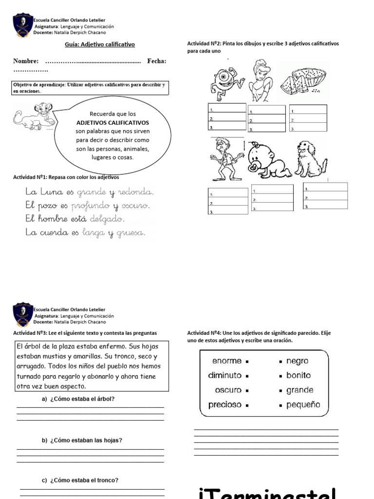 Guía Adjetivos Calificativos | PDF