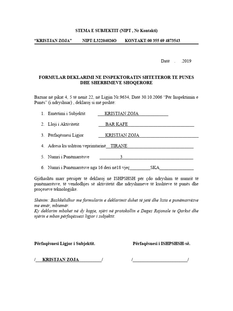 Formular - Deklarimi - 2019 Ishp Inspektoriati I Punes 1 Here Ne Vite | PDF