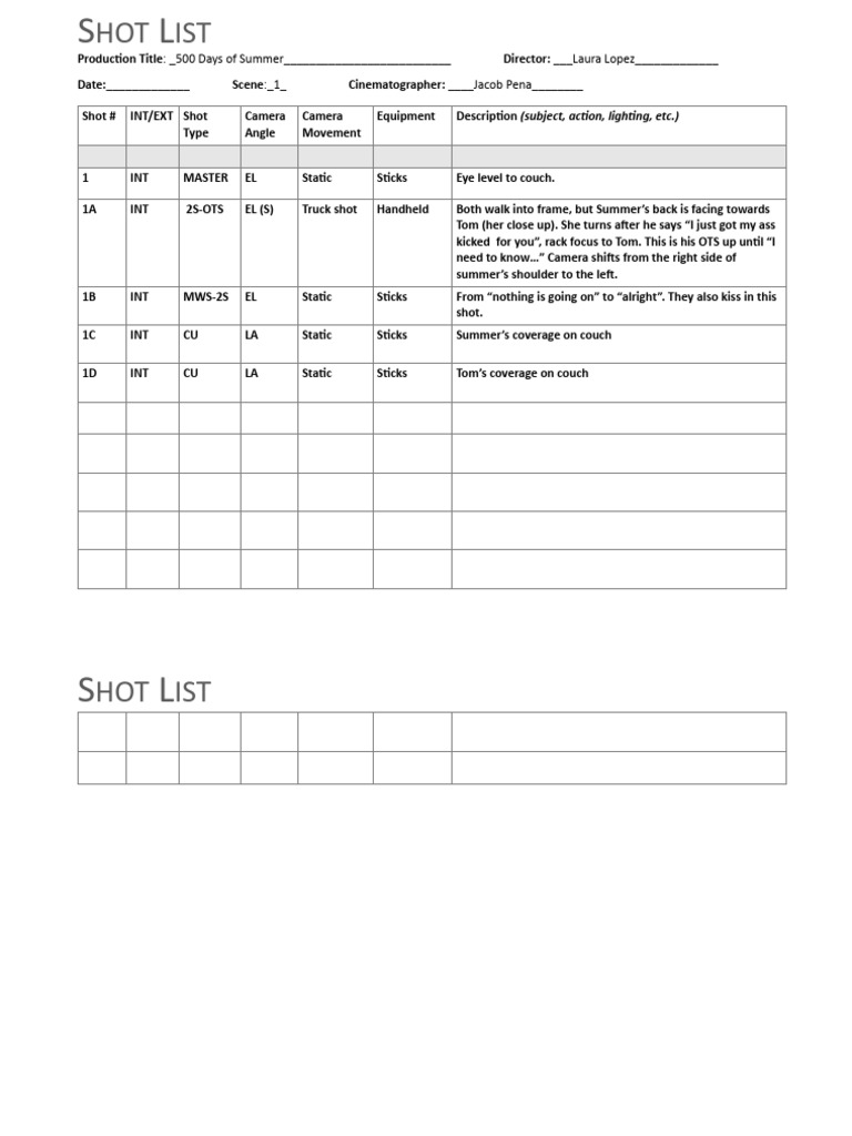 500 Days of Summer Final Shot List | PDF