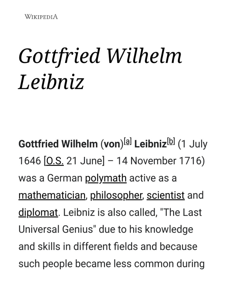 Gottfried Wilhelm Leibniz - Wikipedia | PDF | Gottfried Wilhelm Leibniz ...