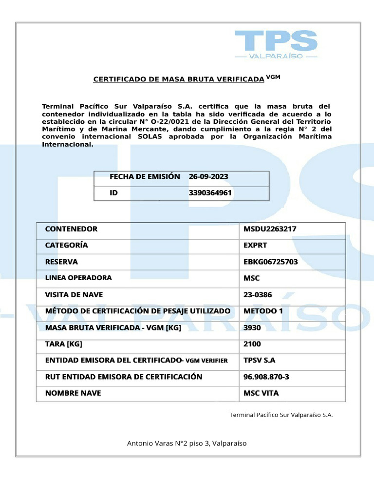 Certificado VGM Exp | PDF