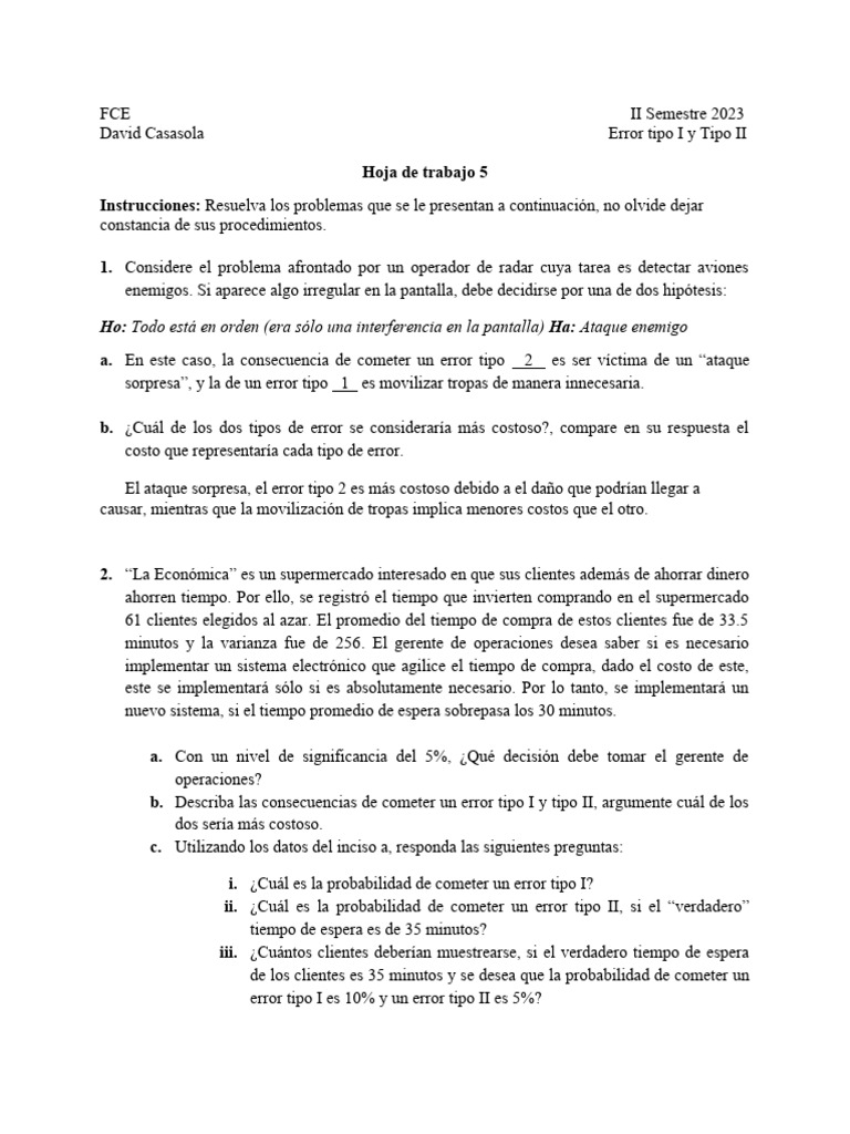 HT 5 - Error Tipo 1 y 2 | PDF | Errores tipo I y tipo Ii | Probabilidad