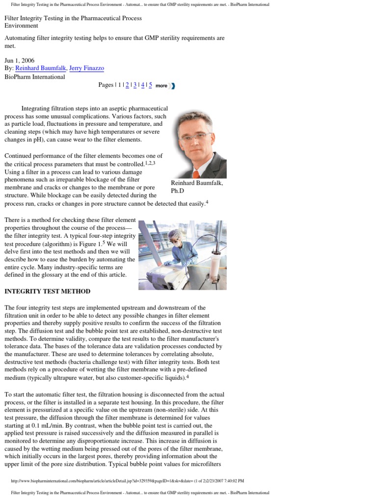 Filter Integrity Testing in The Pharmaceutical Process Environment ...