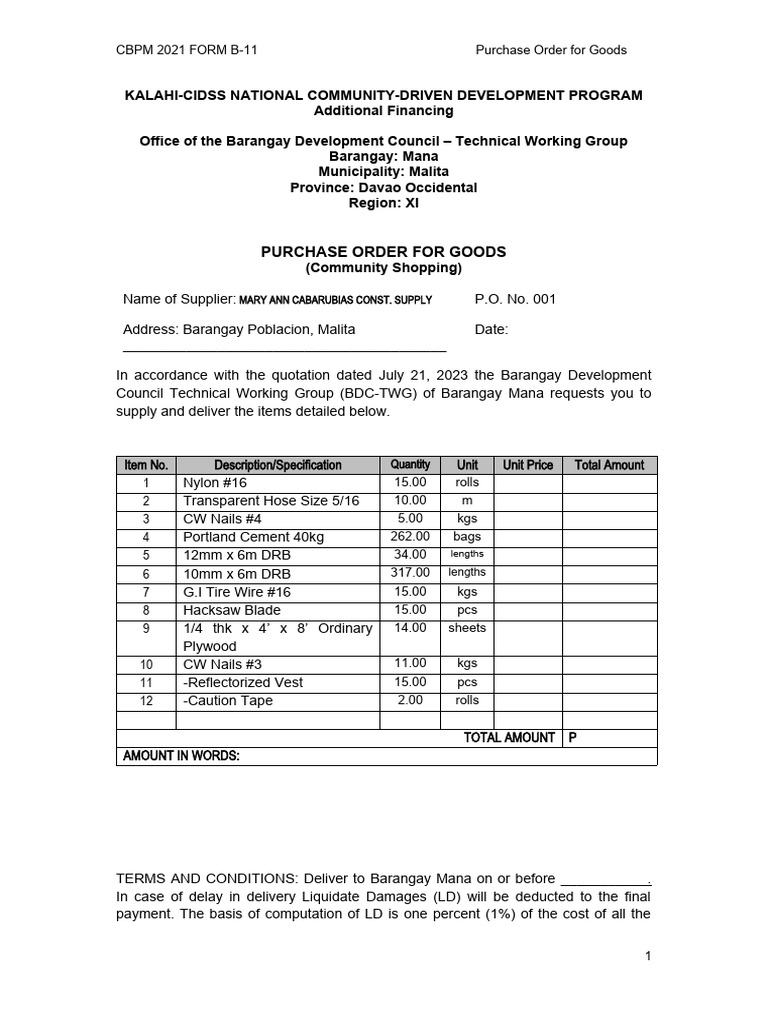 CBPM 2021 Form B-11 - Purchase Order For Goods | Download Free PDF ...
