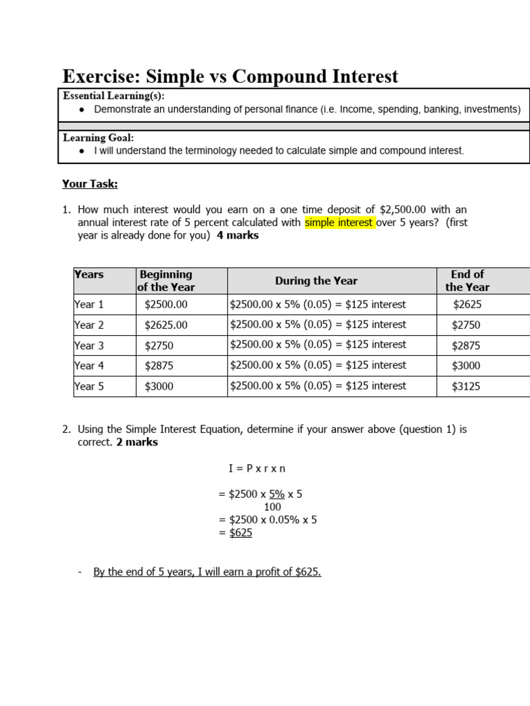Exercise Simple Vs Compound Interest | PDF