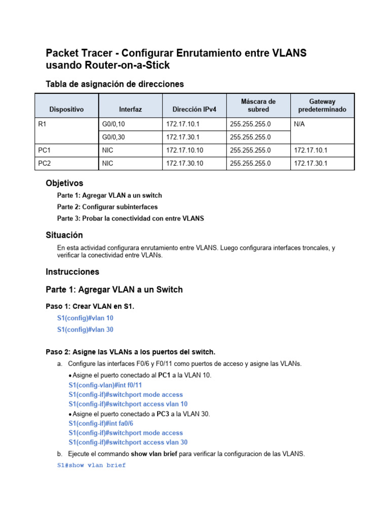 Tarea PT 4.2.7 - Packet Tracer - Configure Router-On-A-Stick Inter-VLAN Routing | PDF